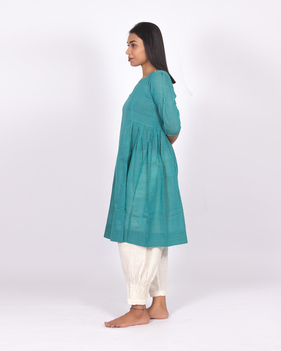 Handloom Cotton Pleated Gher Kurta - Lemon Yellow