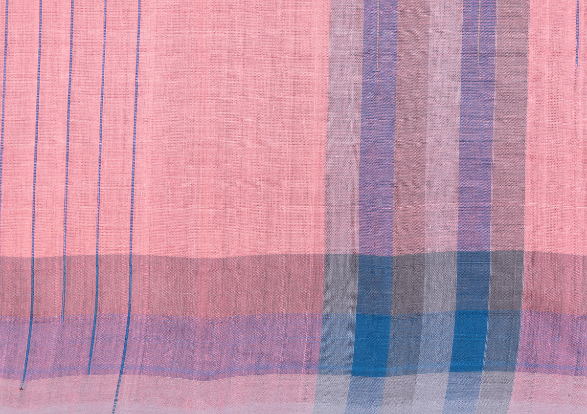 Turned Weft Bar Body Cotton Handloom Saree - Pink