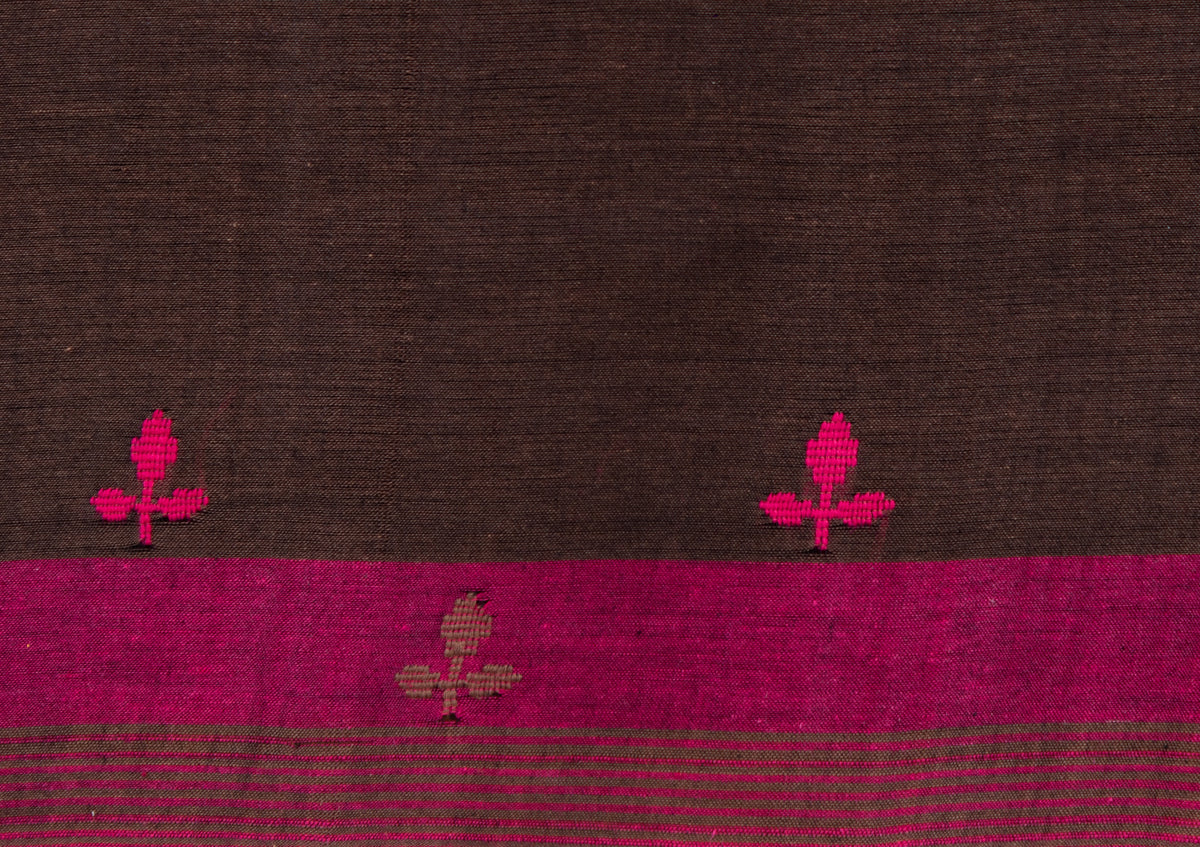 Three Leaf Buta Cotton Handloom Saree - Brown